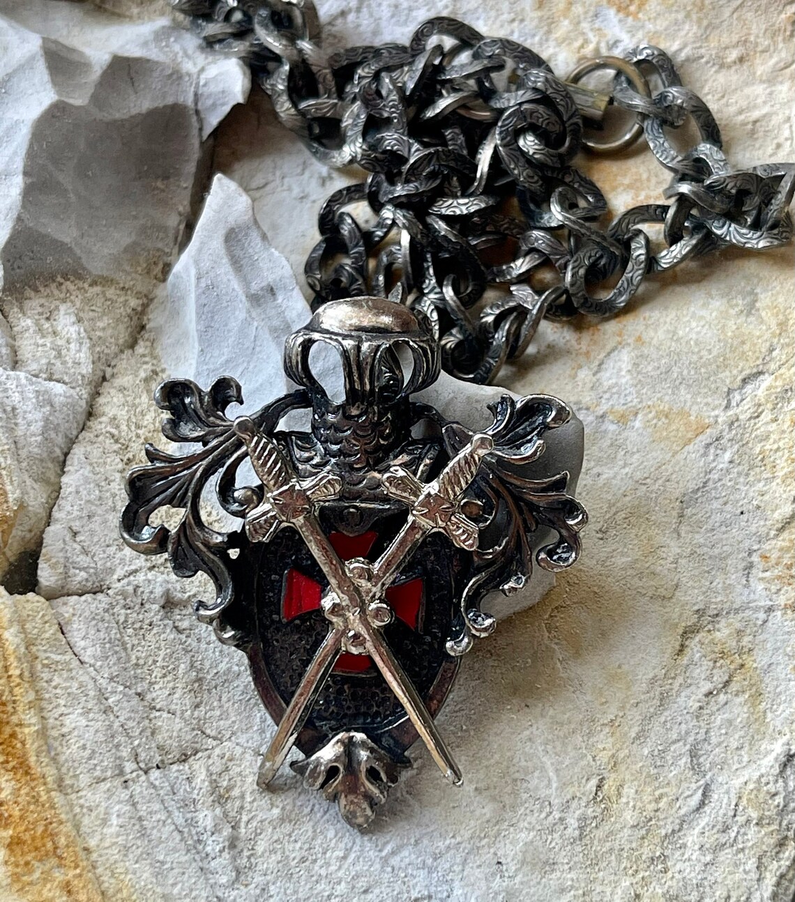 Embossed Ornate Silver Goldtone Sword Red Enamel Maltese Cross Crest ...