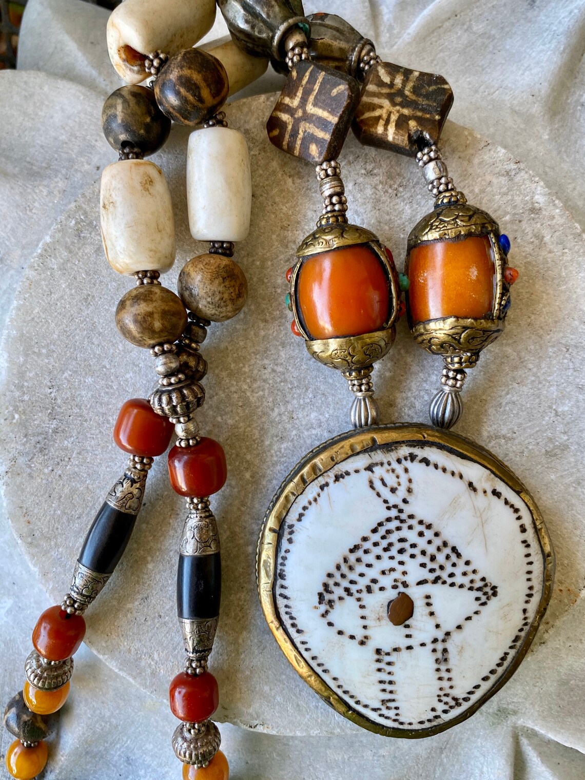 Beautiful Old Tribal Tibetan Mixed Bead Naga Shell Copal Amber Resien ...