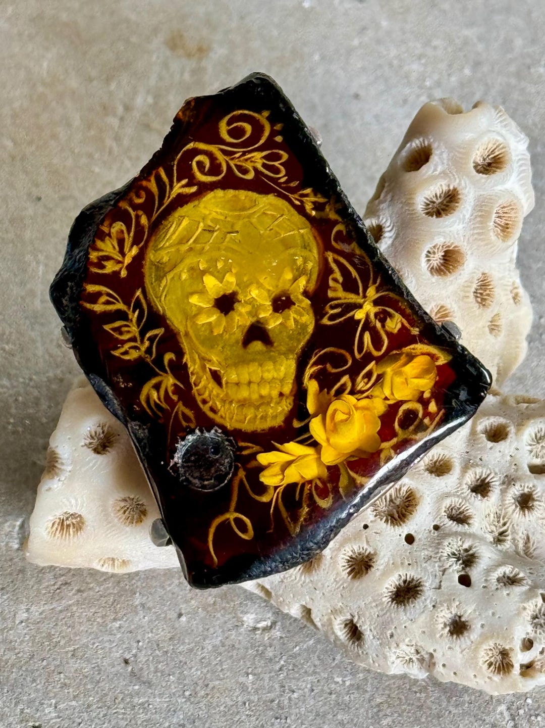 Carved Natural Amber Intaglio Skull Flowers Catarina Sterling Silver ...