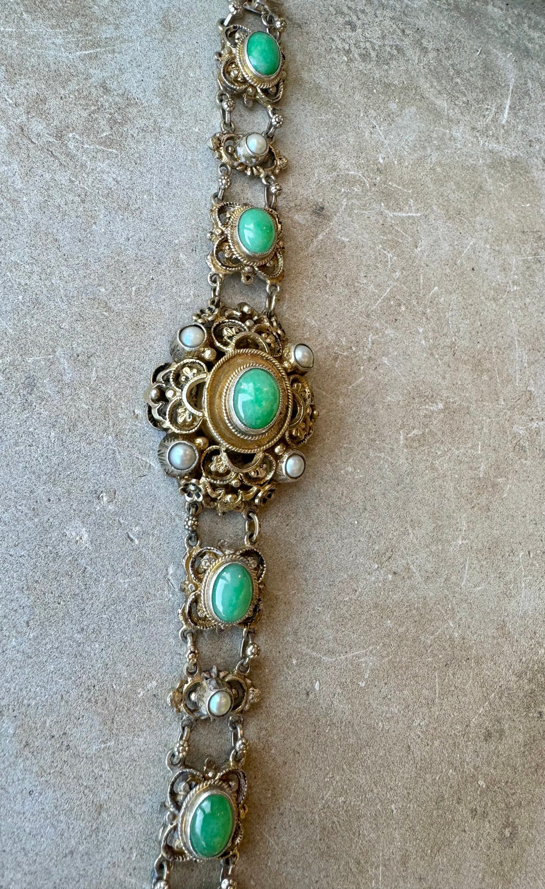 Victorian Austro Hungarian Gold Gilt Sterling Silver Natural Green Jade Pearl Antique Bracelet ...