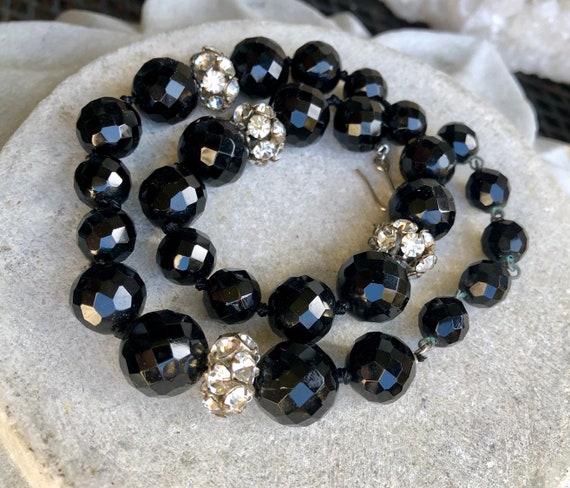 French Art Deco Hand Knotted Faceted Jet Crystal Pron… - Gem