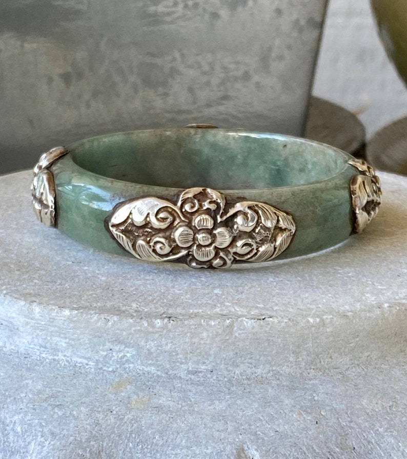 Carved Natural Jade Repousse Sterling Silver Tibetan Bangle - Etsy