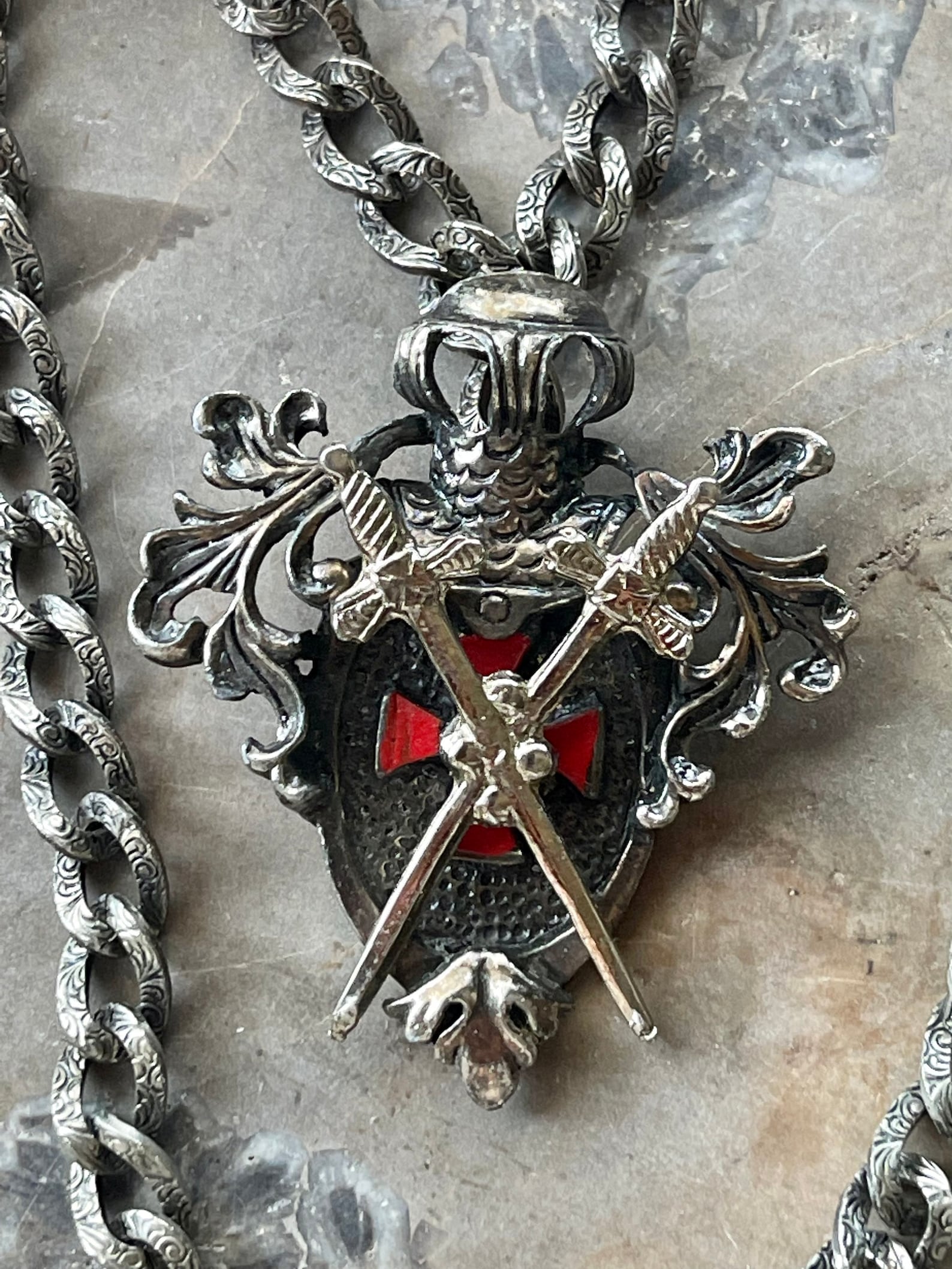 Embossed Ornate Silver Goldtone Sword Red Enamel Maltese Cross Crest ...