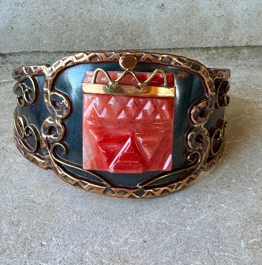 Mid Century Mexican Mayan Aztec Carved Stone Face Brass Copper Vintage ...