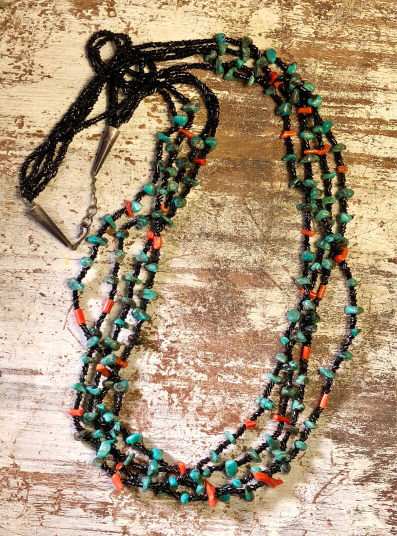 Native American Hand Cut Black Onyx Coral Turquoise Sterling Silver ...