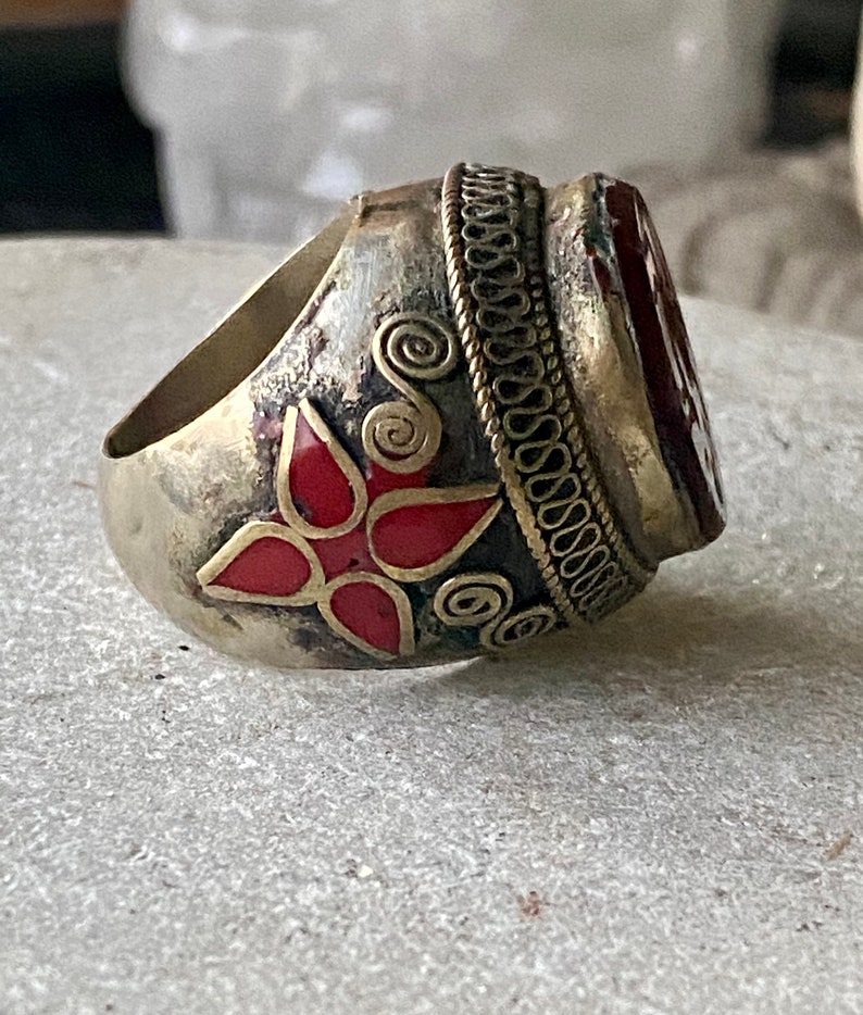 Bold Middle Eastern Tribal Silver Enamel Carved Carnilian | Etsy