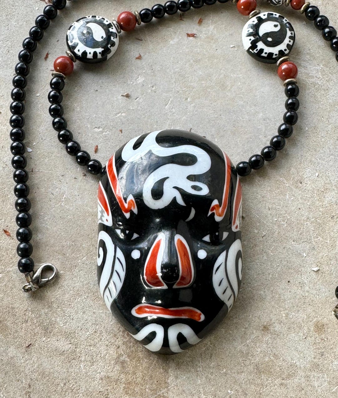 Hand Painted Porcelain Asian Opera Mask Yin Yang Black Onyx Vintage ...