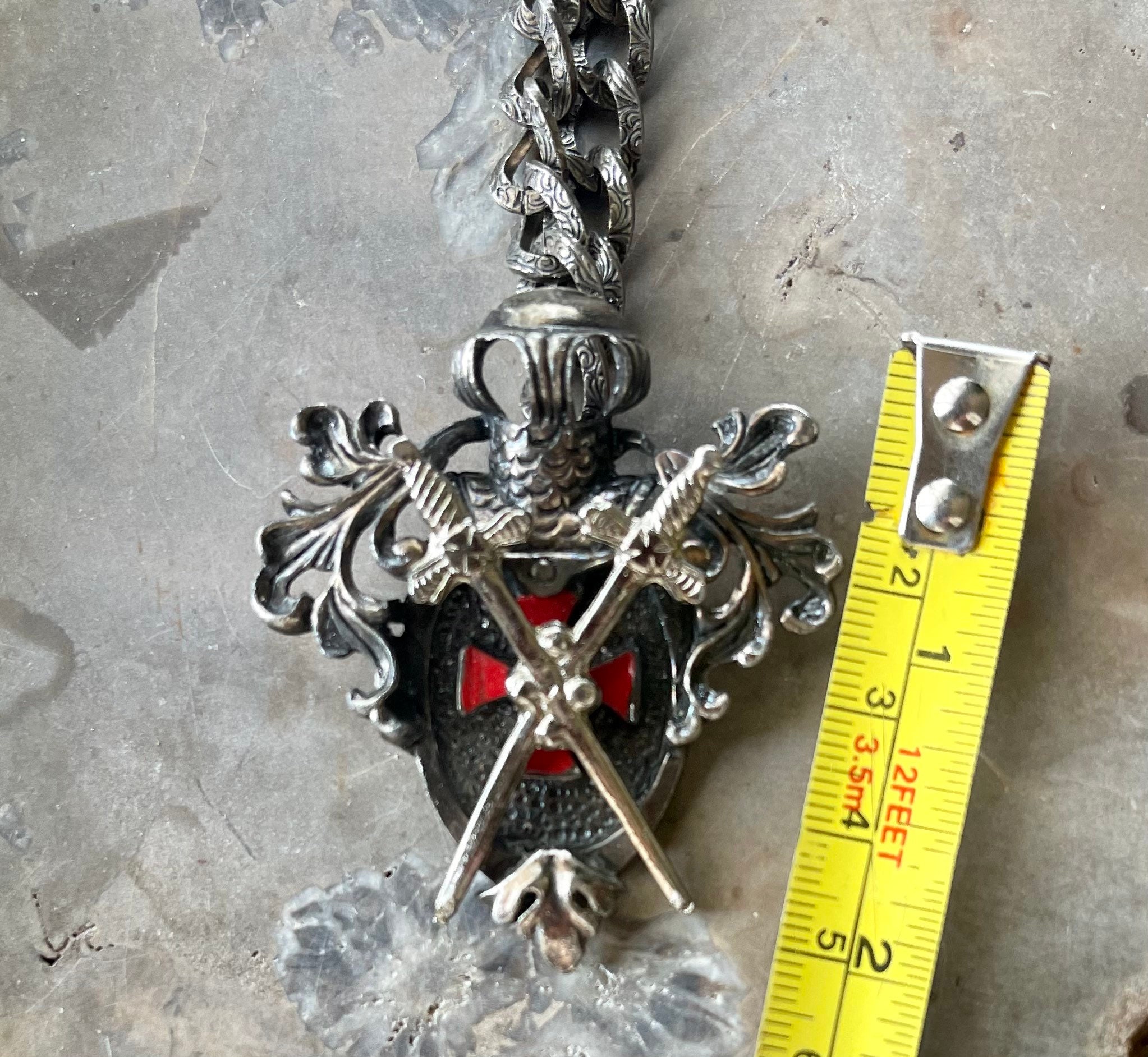 Embossed Ornate Silver Goldtone Sword Red Enamel Maltese Cross Crest ...