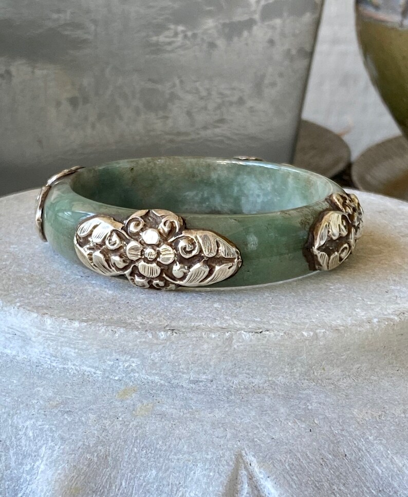 Carved Natural Jade Repousse Sterling Silver Tibetan Bangle - Etsy