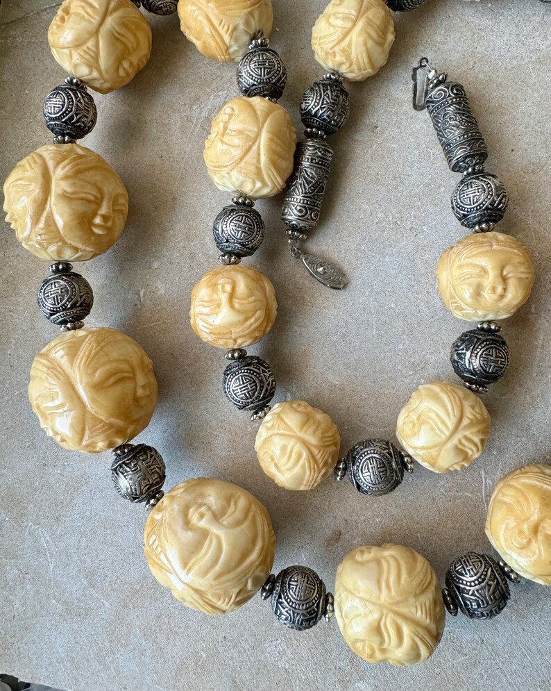 Amazing Carved Bone Multi Moon Buddha Face Silver Shou Bead Long ...
