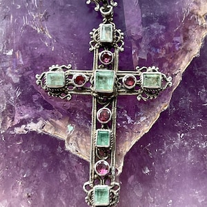 Beautiful Emerald Ruby Silver European Antique Victorian Cross Necklace ...