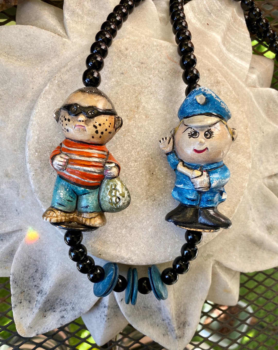 Pop Art Large Painted Ceramic Cops and Robbers Black Onyx Bead - Etsy