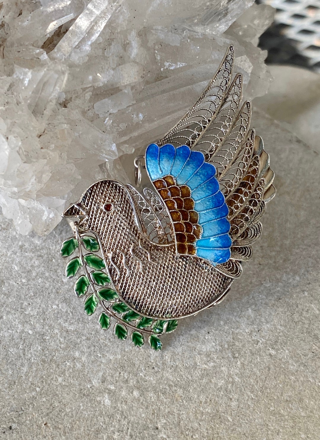 Beautiful Filigree Sterling Silver Enamel Peace Dove Bird Vintage ...