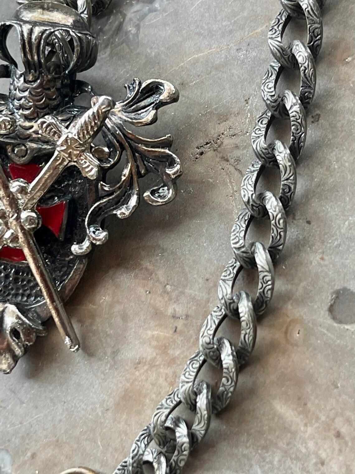 Embossed Ornate Silver Goldtone Sword Red Enamel Maltese Cross Crest ...