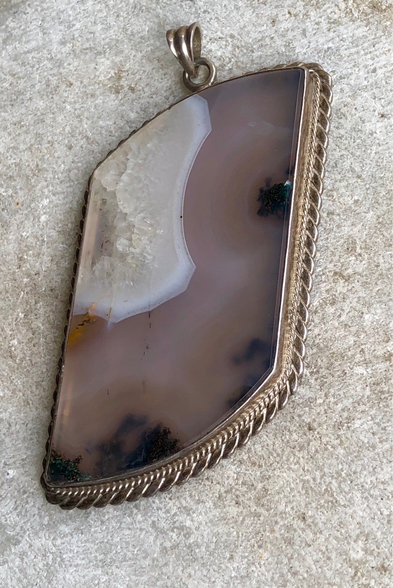 Bold Beautiful Sterling Silver Agate Vintage Pendant - Etsy