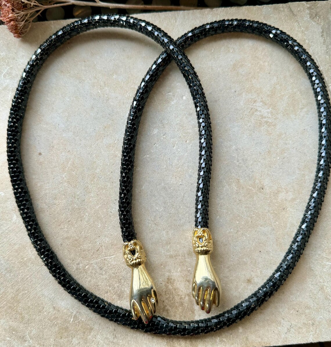 1960s Victorian Style Black Metal Mesh Gold Hands With Dimonte Double ...