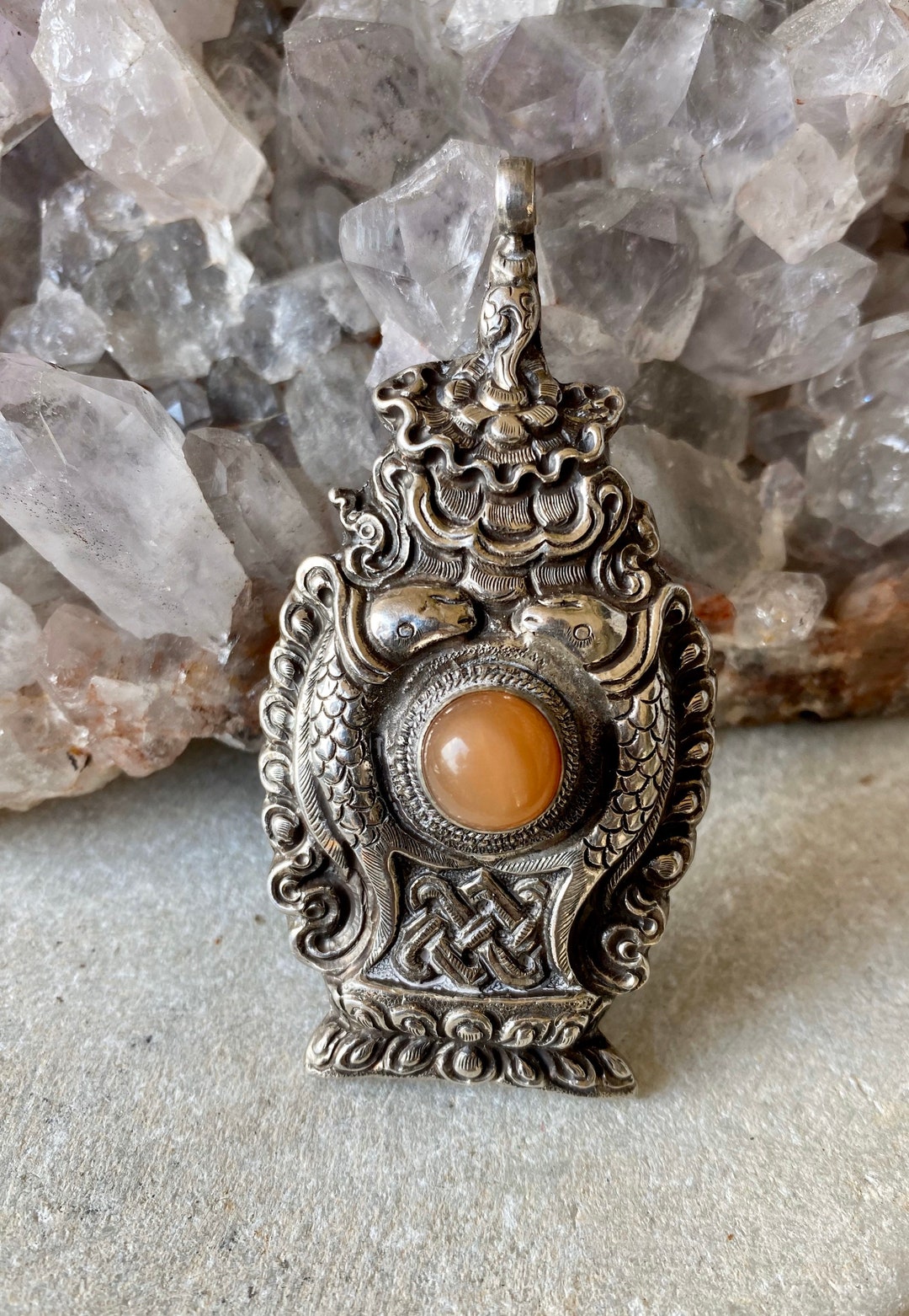 Highly Detailed Silver Golden Moonstone Sacred Tibetan Symbol Golden ...