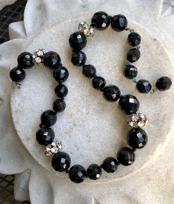 French Art Deco Hand Knotted Faceted Jet Crystal Pron… - Gem