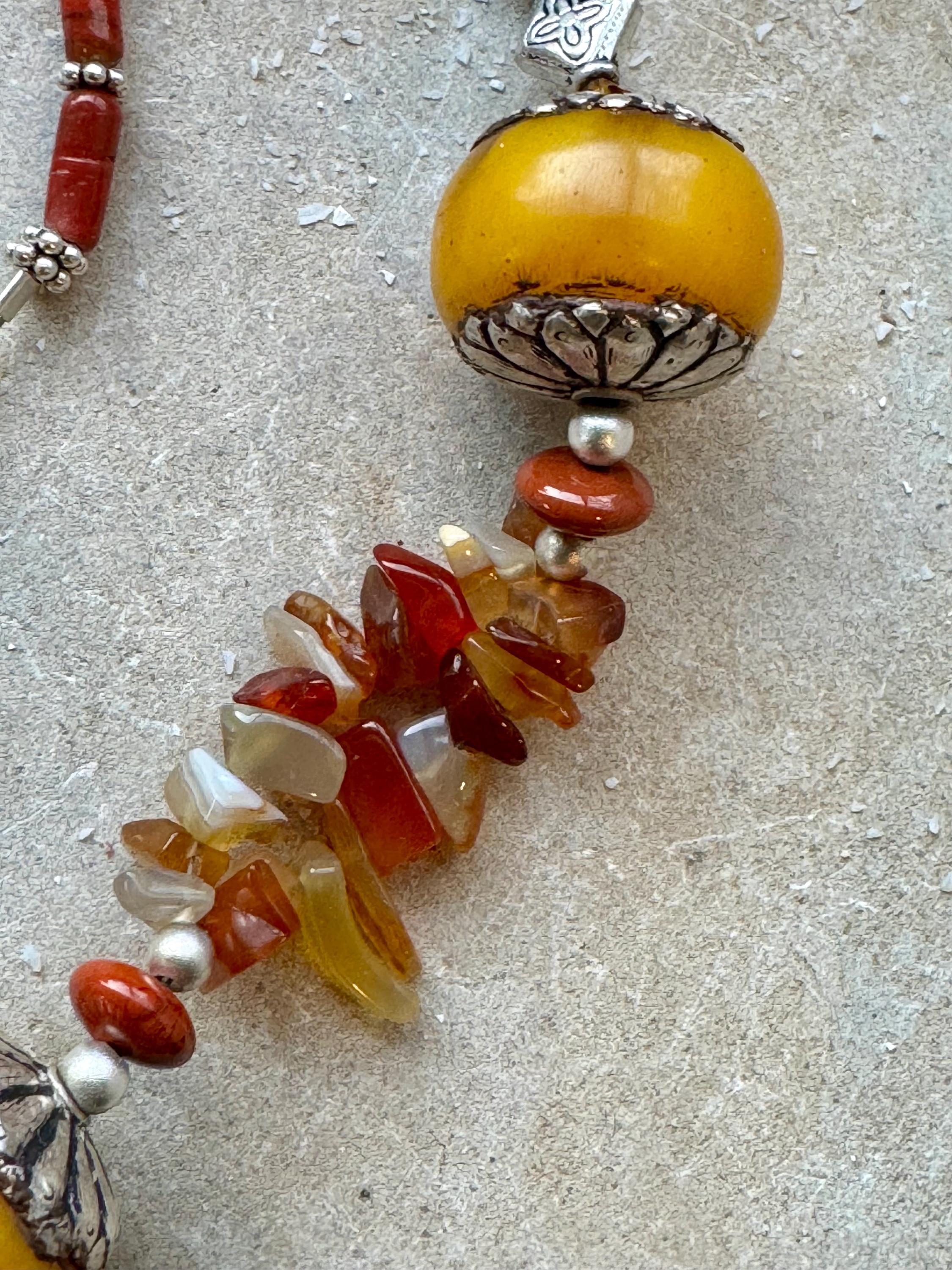 Silver Caped Copal Amber Coral Art Glass Carnelian Beaded Vintage ...