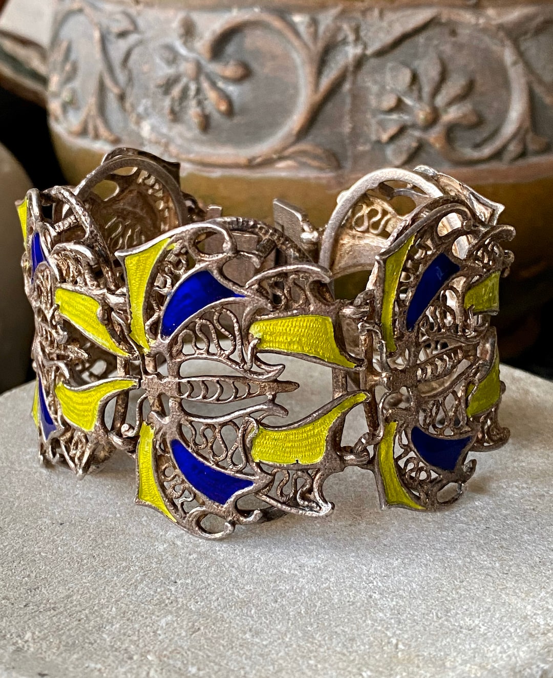 Bold Beautiful Art Nouveau Silver Filigree Green Blue Enamel Butterfly ...