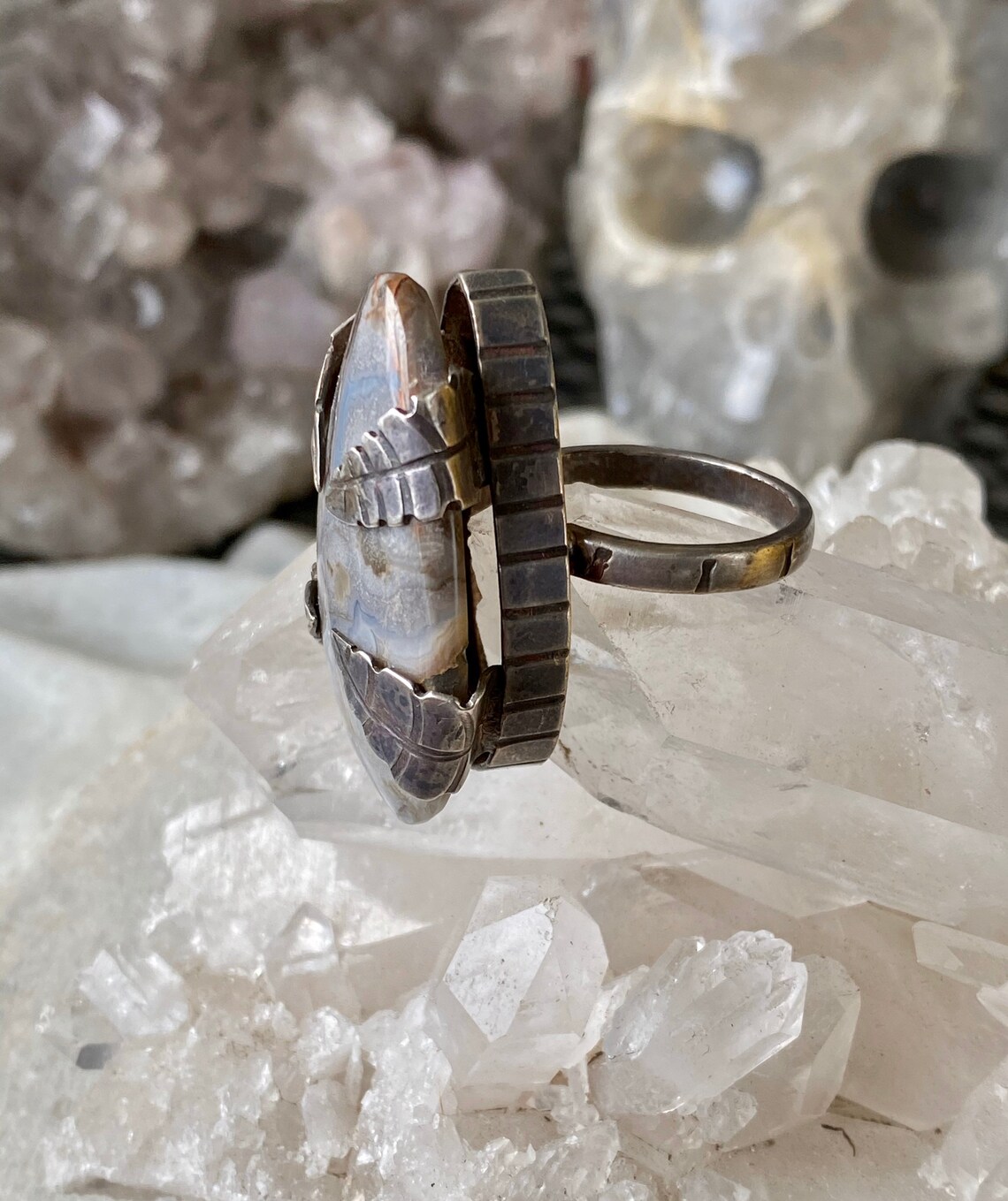 Arts & Crafts Hand Crafted Raw Lace Agate Sterling Silver Vintage Ring ...