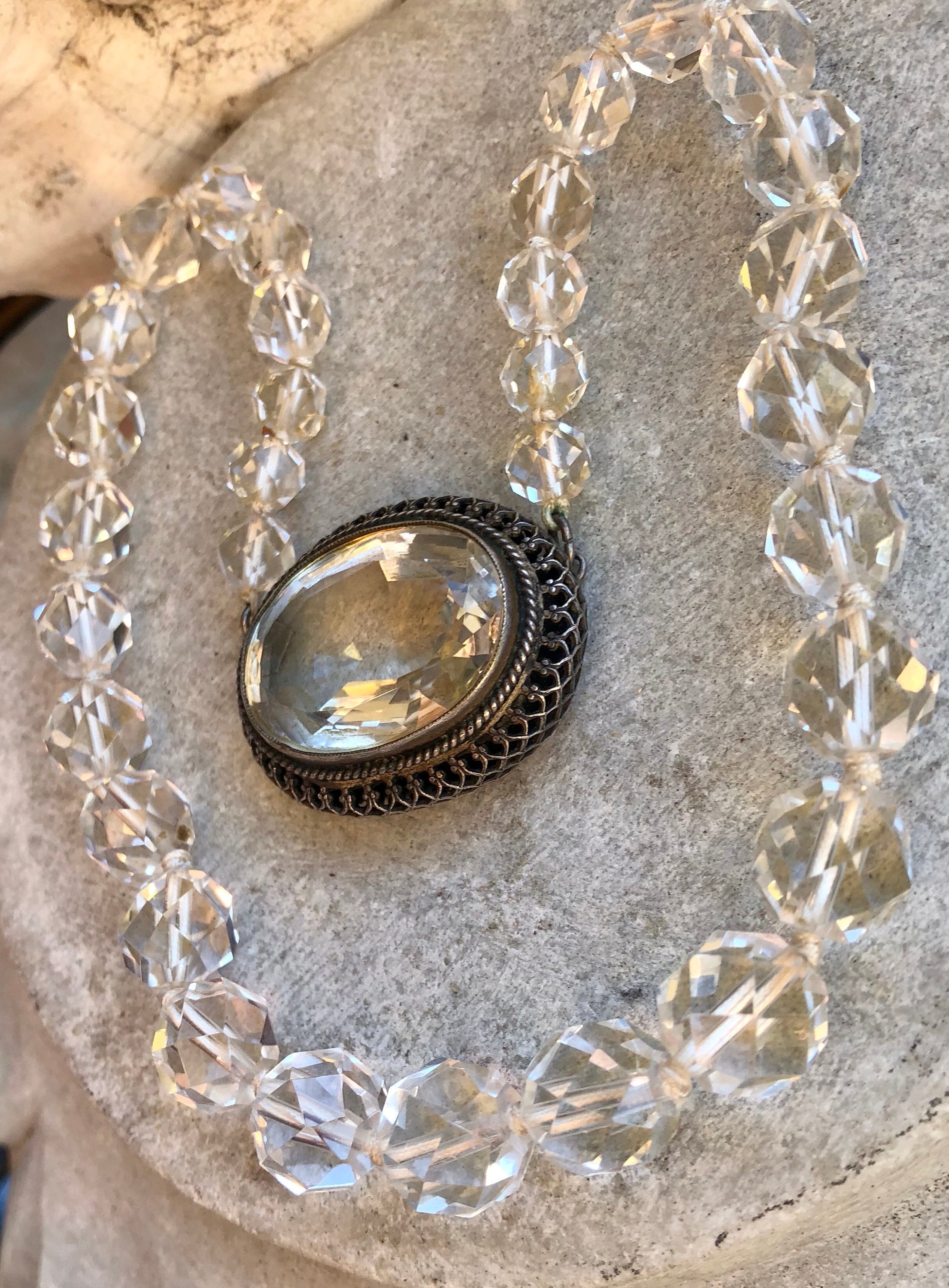 Circa 1920s Art Deco Faceted Rock Quartz Crystal Sterling Circa 1920s Art Deco Faceted Rock Quartz Crystal Sterling