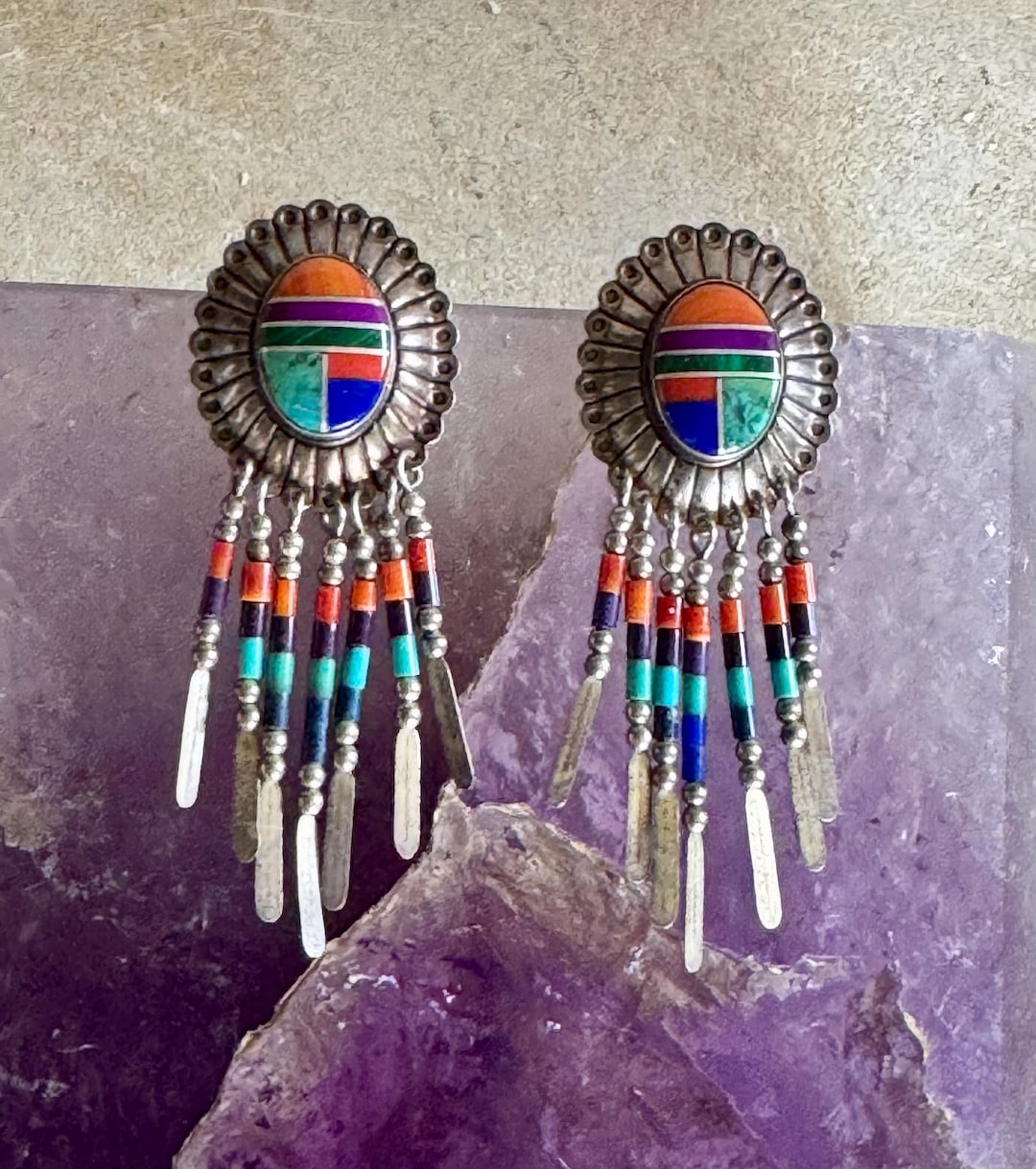 Beautiful Native American Multi Stone Inlay Sterling Silver Vintage ...