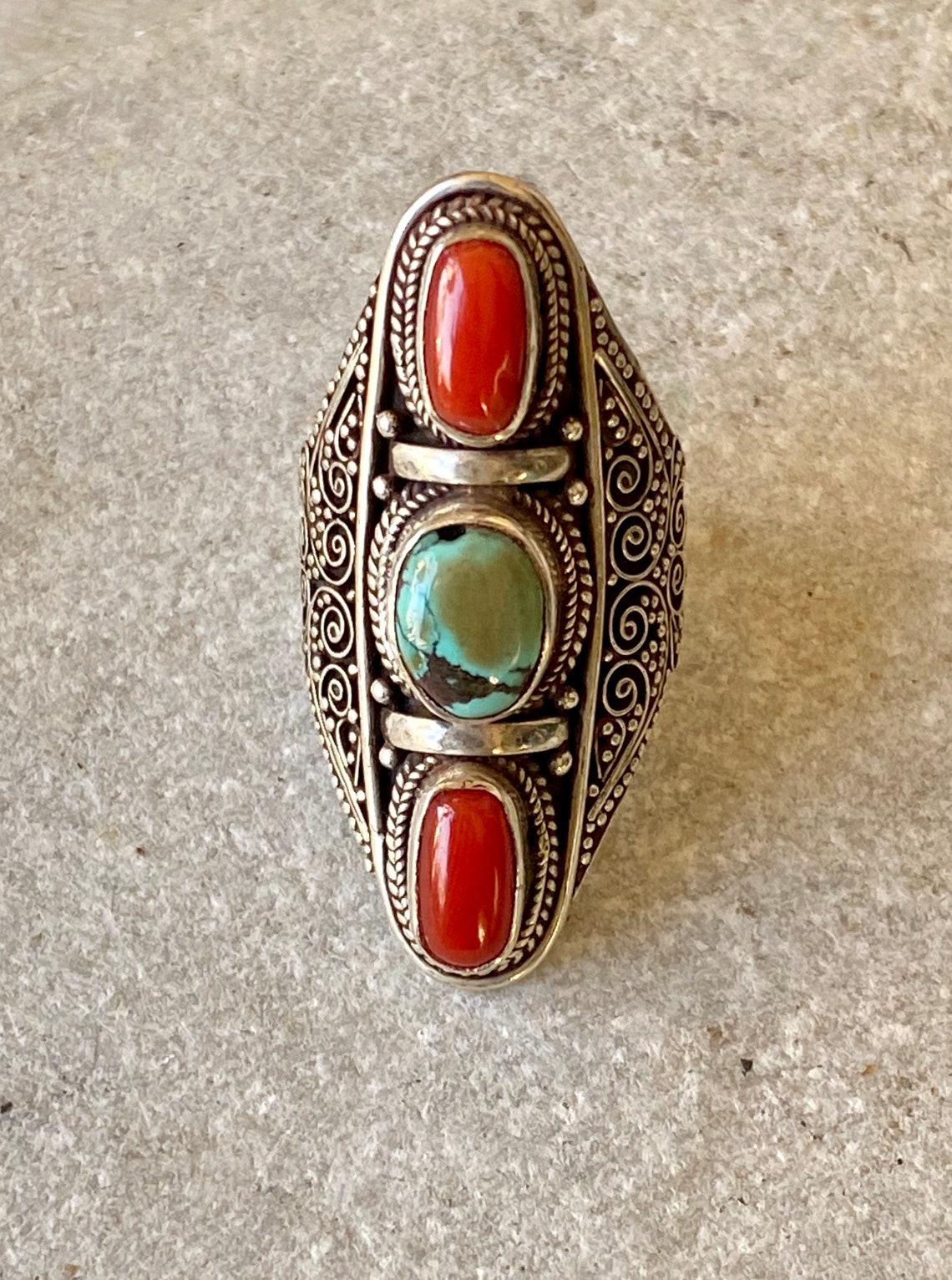 Sterling Silver Red Coral Tibetan Turquoise Long Vintage Ring - Etsy