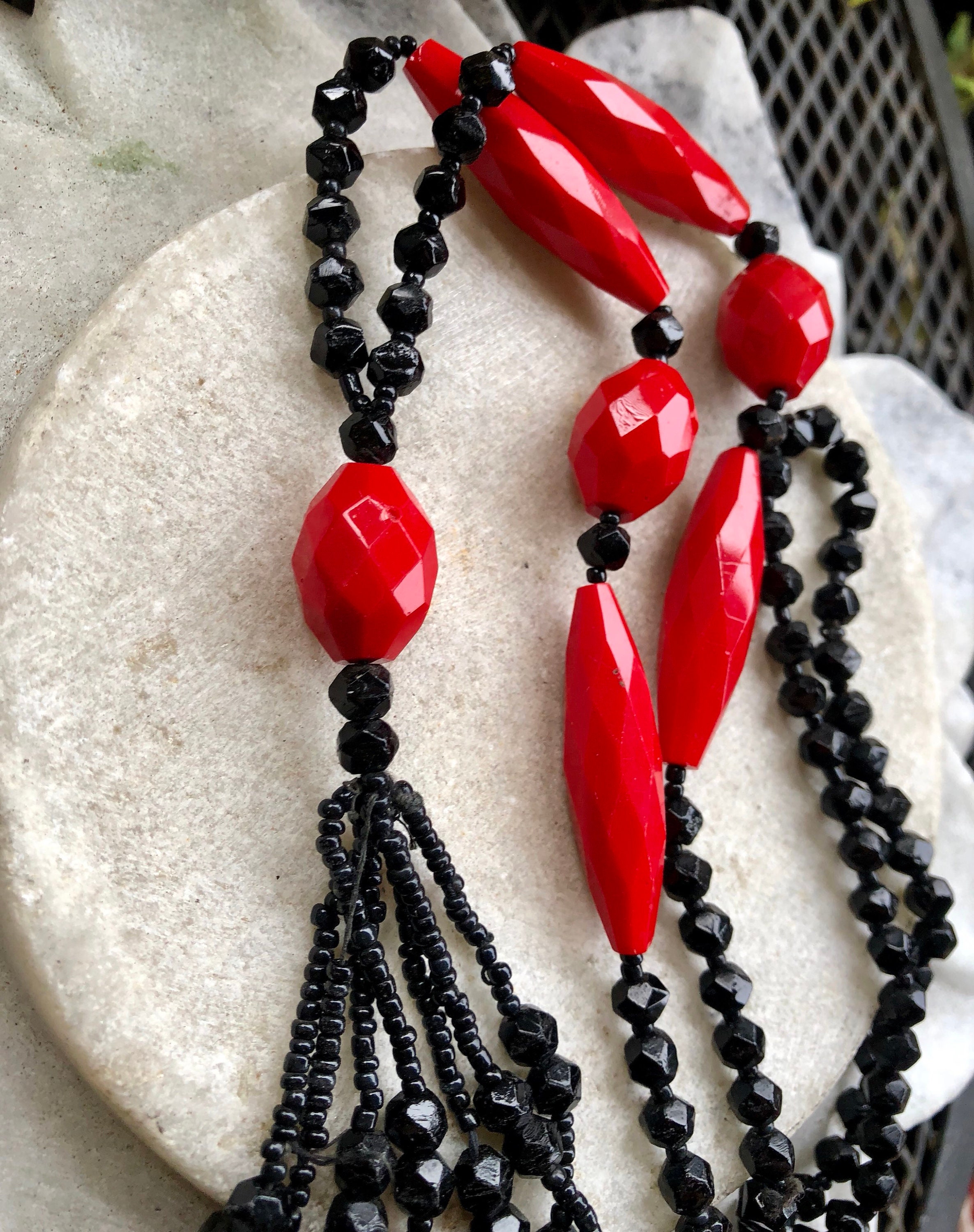 1920s French Art Deco Hand Cut Black Red Crystal Long Vintage | Etsy