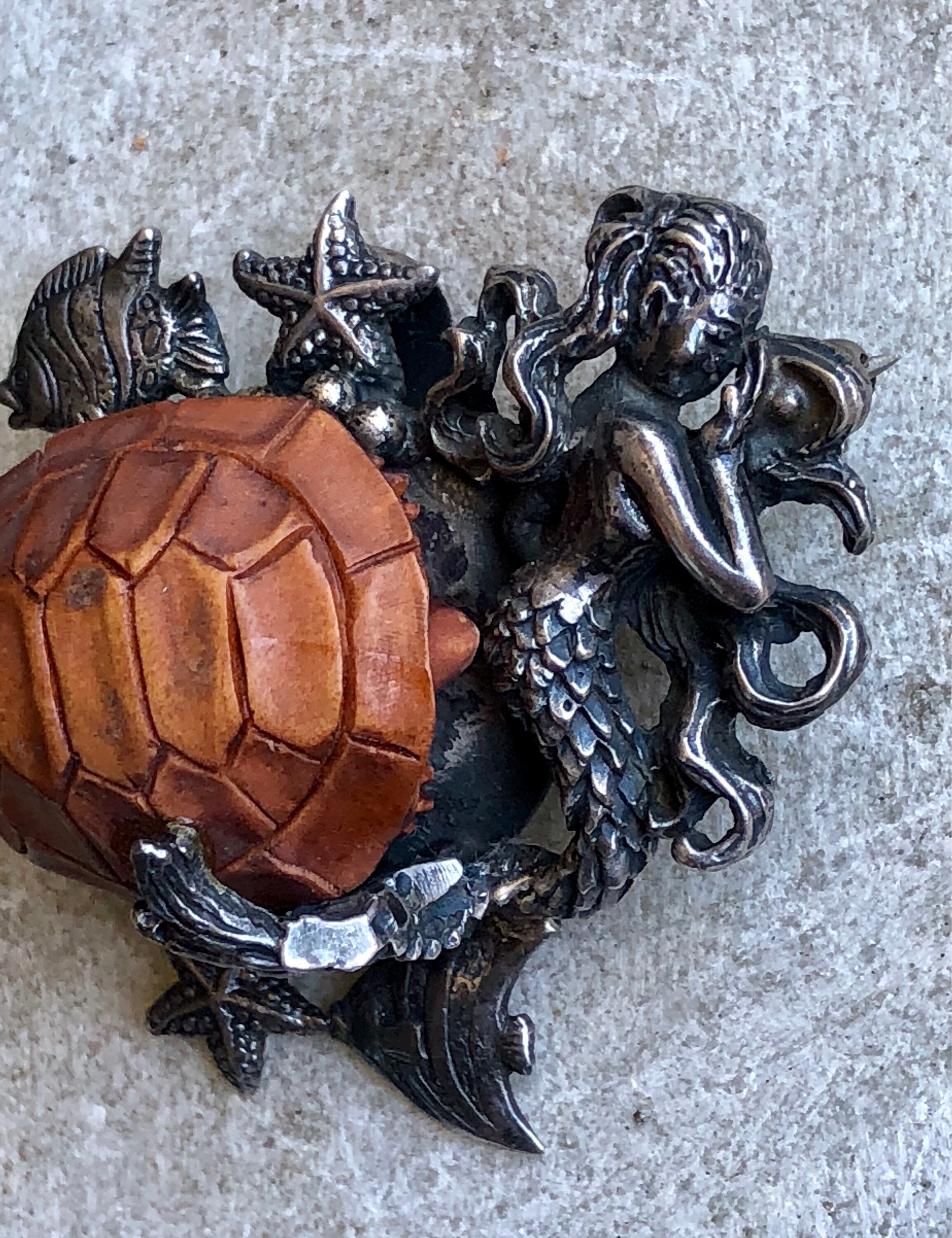 Beautiful Sterling Silver Mermaid Starfish Shell Carved Wood - Etsy