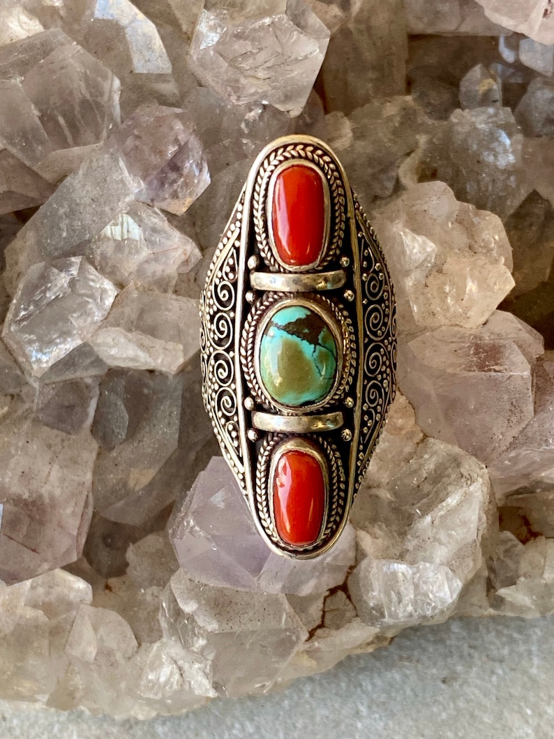 Sterling Silver Red Coral Tibetan Turquoise Long Vintage Ring - Etsy