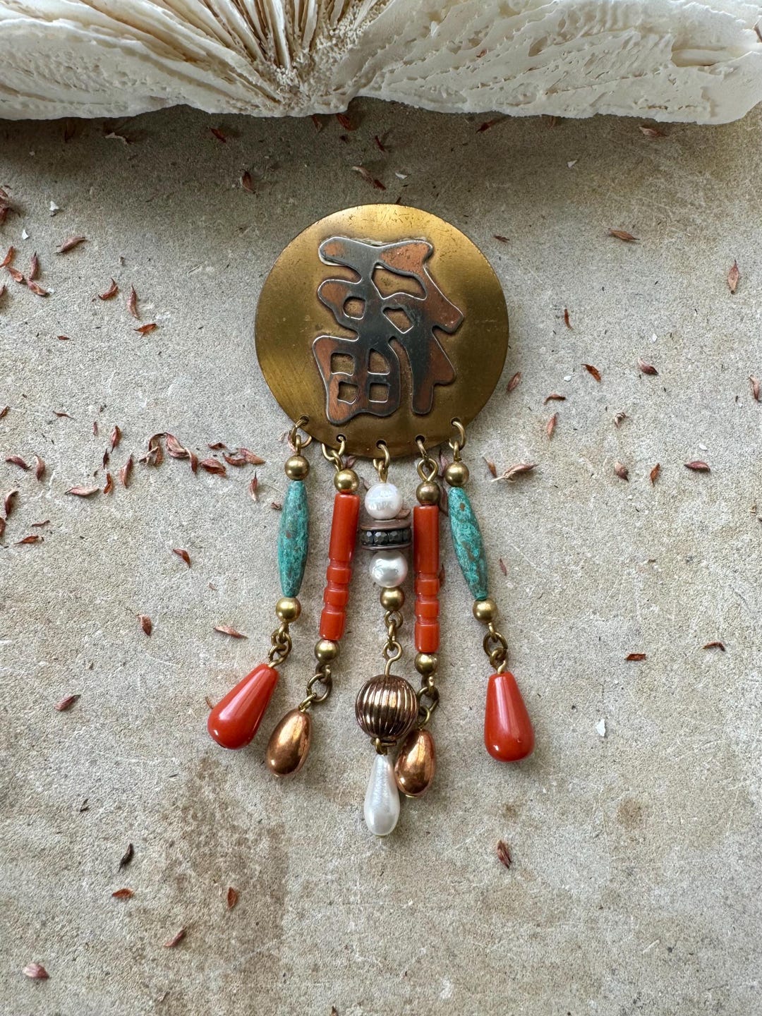 Copper Asian Prosperity Symbol Fo Coral Pearl Turquoise Dangle Cha Cha ...