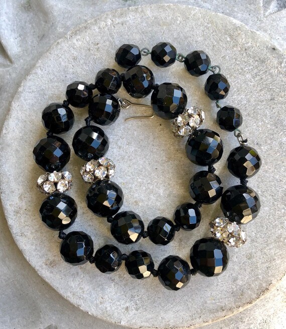 French Art Deco Hand Knotted Faceted Jet Crystal Pron… - Gem