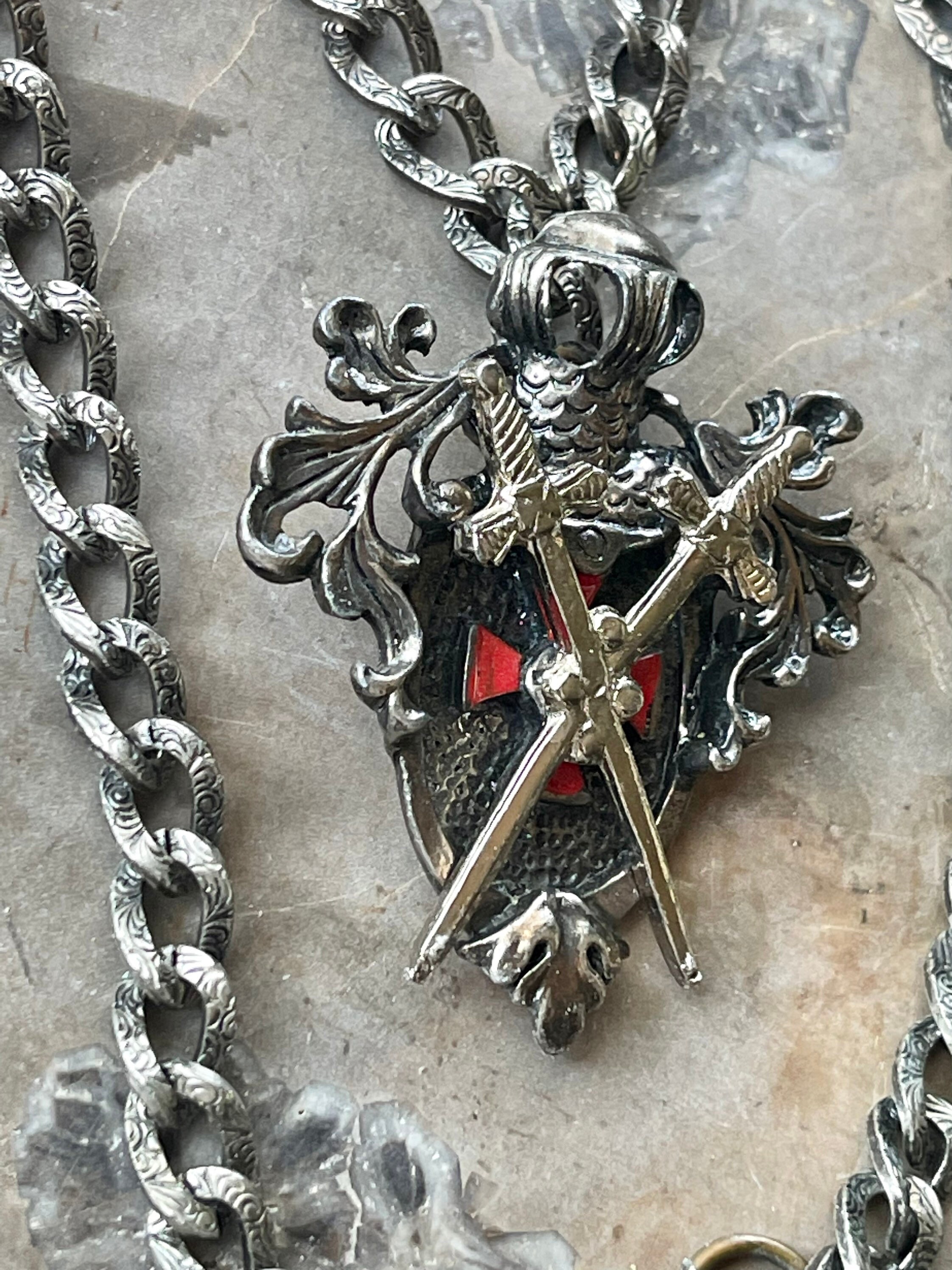 Embossed Ornate Silver Goldtone Sword Red Enamel Maltese Cross Crest ...