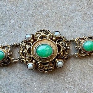 Victorian Austro Hungarian Gold Gilt Sterling Silver Natural Green Jade Pearl Antique Bracelet ...