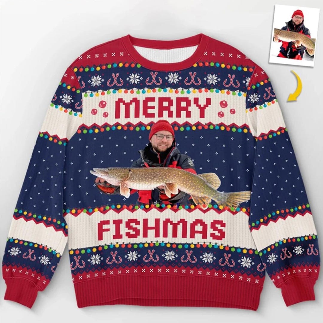 Personalized Fishing Christmas Ugly Sweater, Merry Fishmas Photo Ugly ...