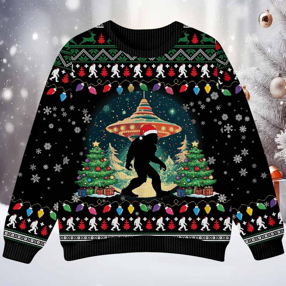 Bigfoot Ufo Christmas Night Ugly Sweater, Sasquatch Sweater, Xmas ...
