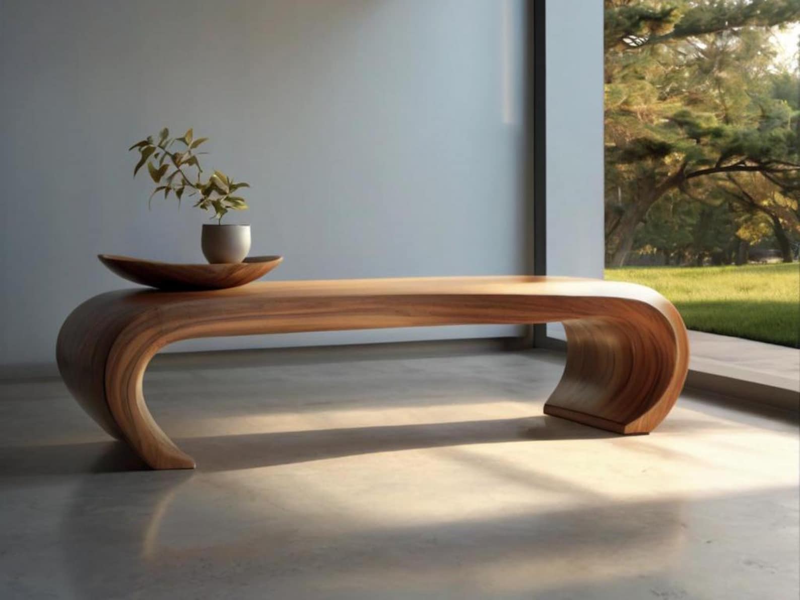 Modern Minimalist Wooden Bench - Sleek Curved Design With Natural ...