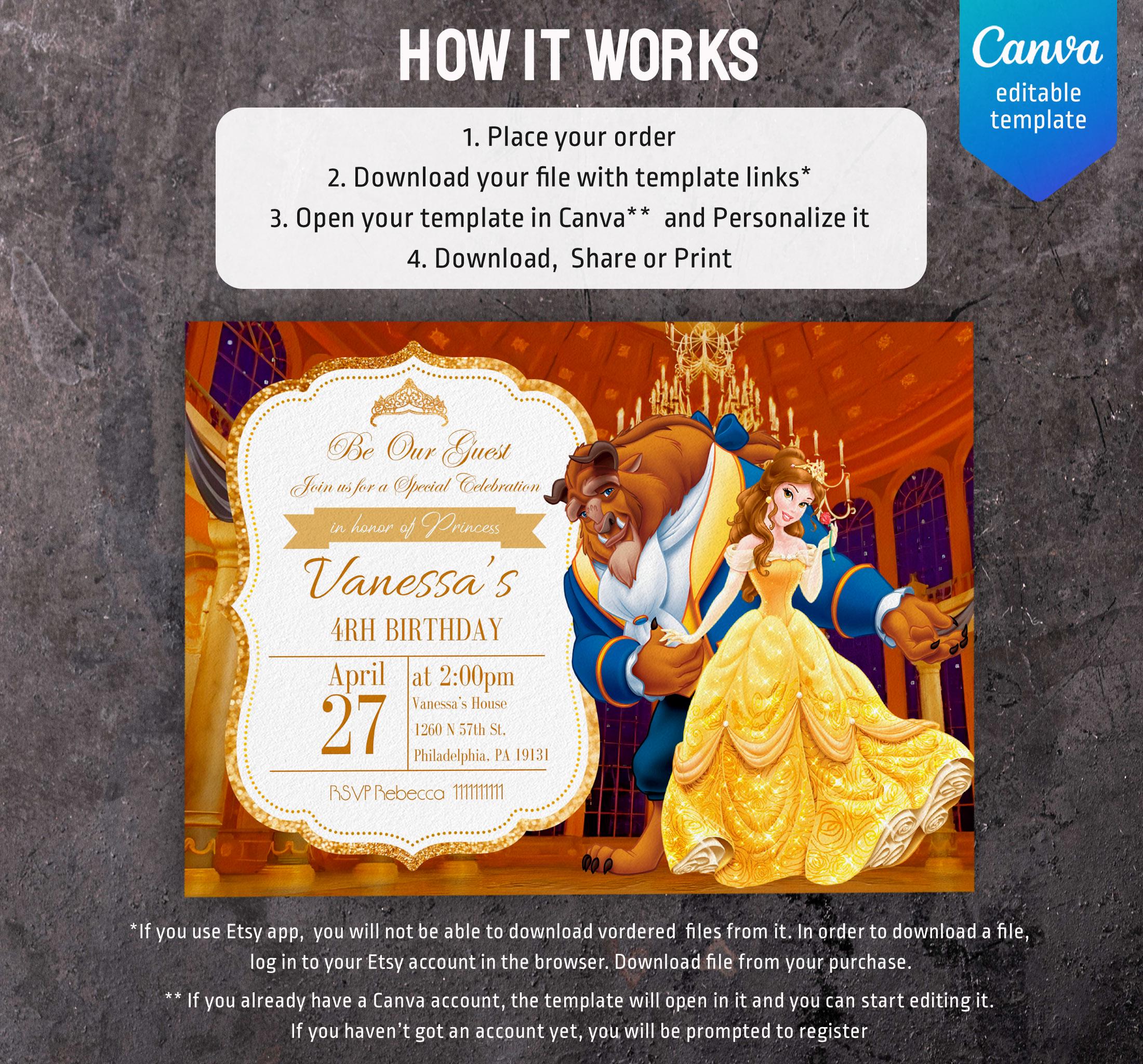 Princess Belle Birthday Invitation, Girl Editable Invite Template ...
