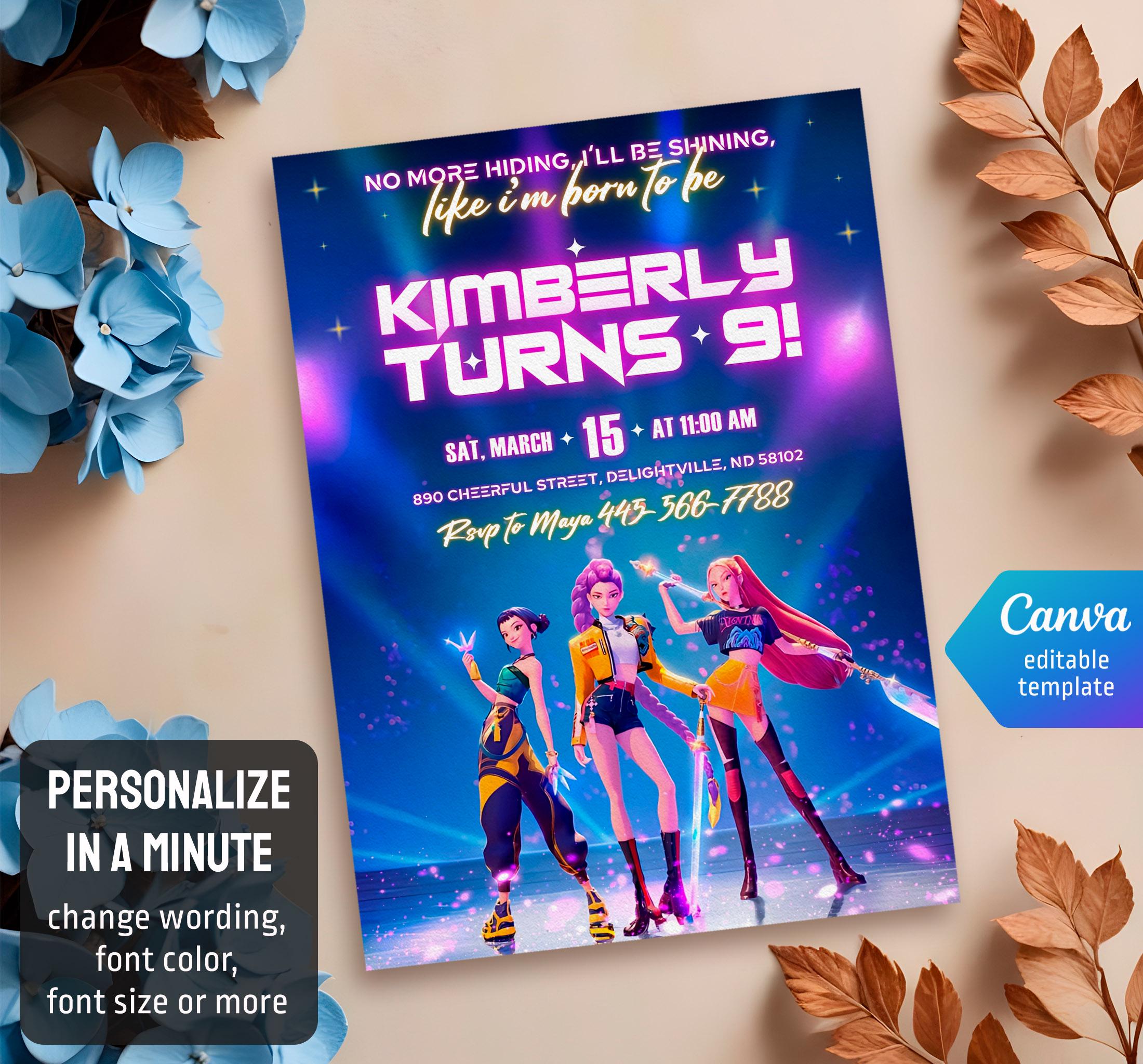 Kpop Demon Hunters Birthday Invitation, Editable K-pop Party Invite ...