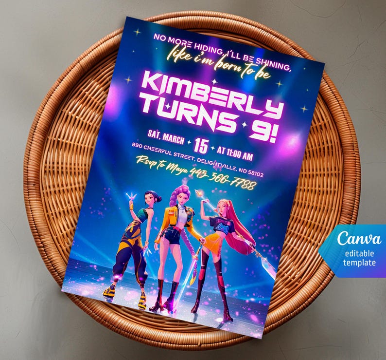 Kpop Demon Hunters Birthday Invitation, Editable K-pop Party Invite ...