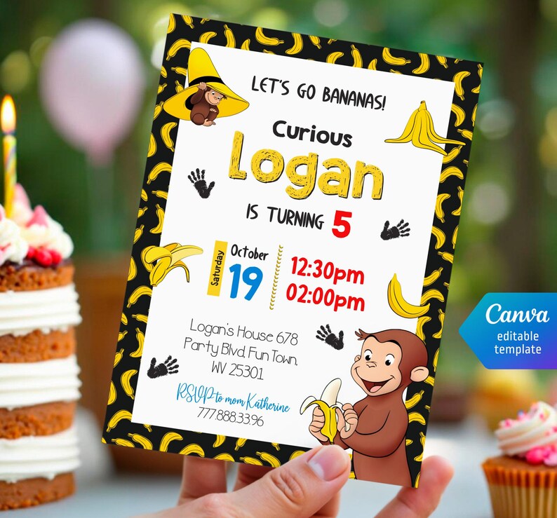 Curious George Birthday Invitation, Printable Monkey Invite, Ape Invite ...