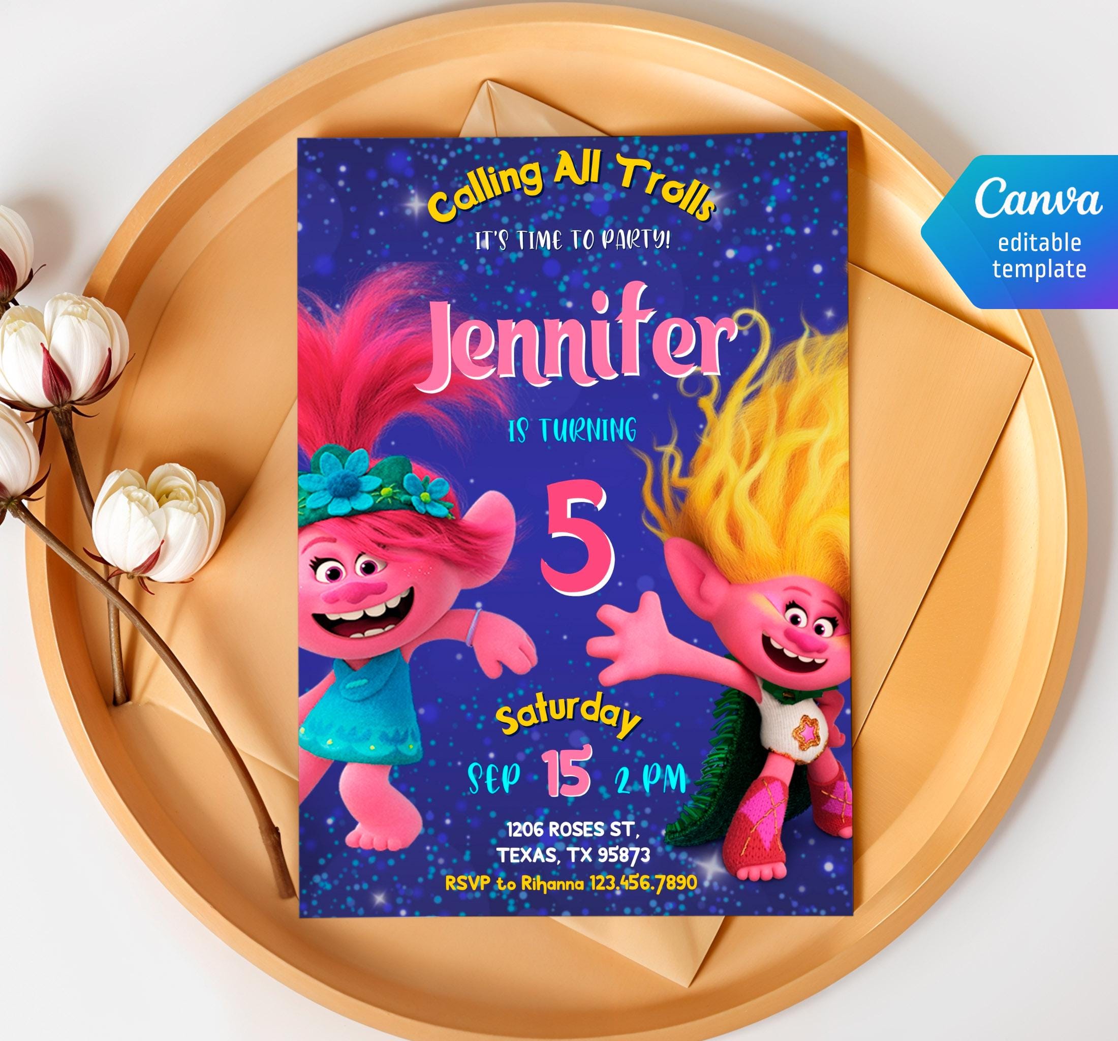 Editable Trolls Invite, Printable Birthday Invitation, Girl Birthday ...