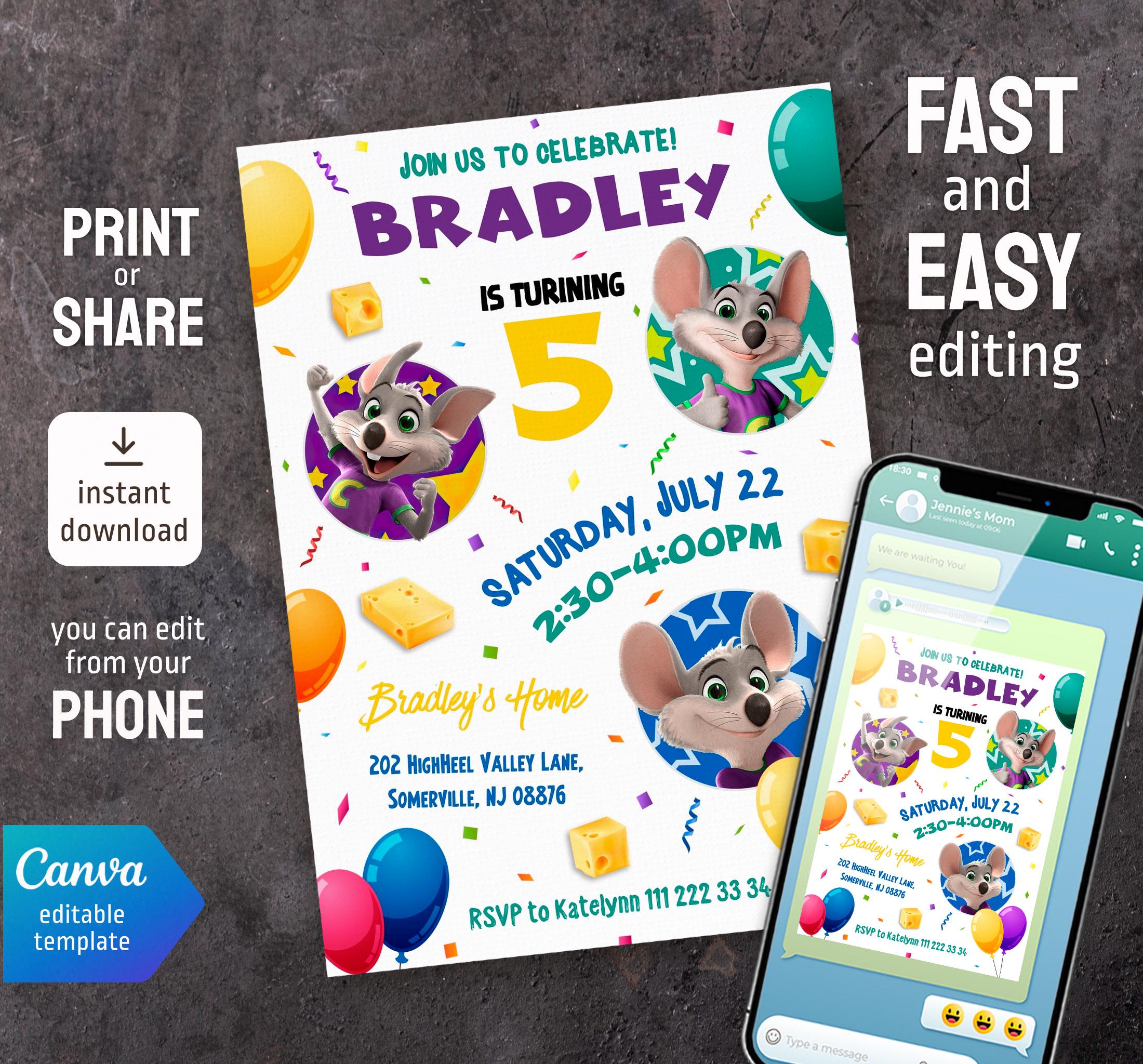 Chuck-e-cheese Editable Invitation, Printable Birthday Invite, Mouse ...