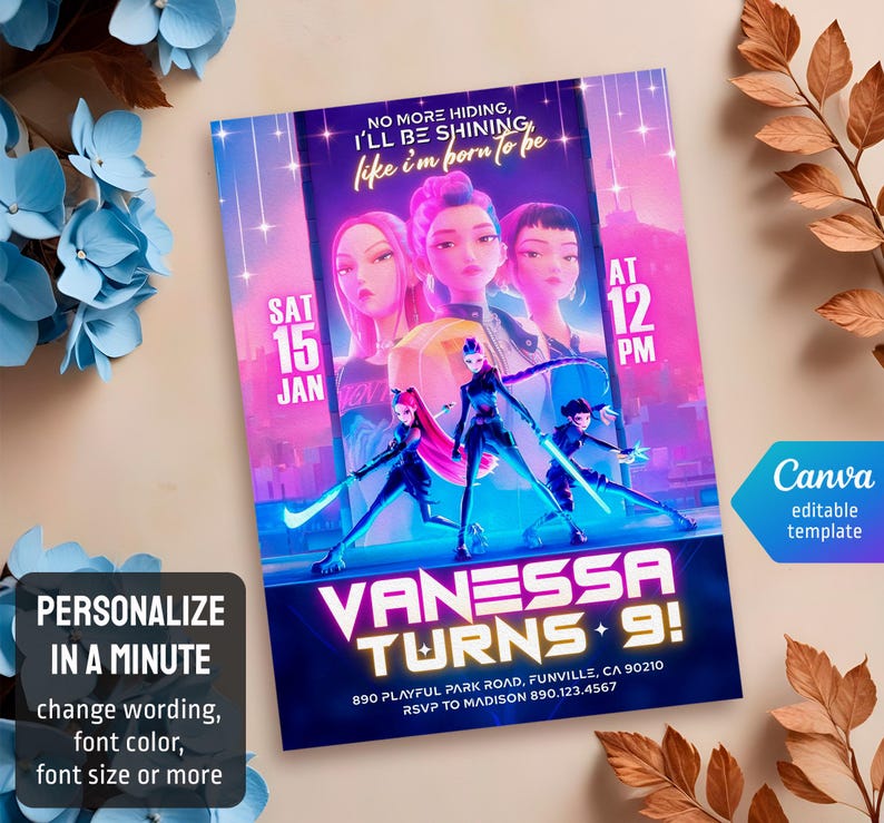 Kpop Demon Hunters Birthday Invitation, Editable K-pop Party Invite ...