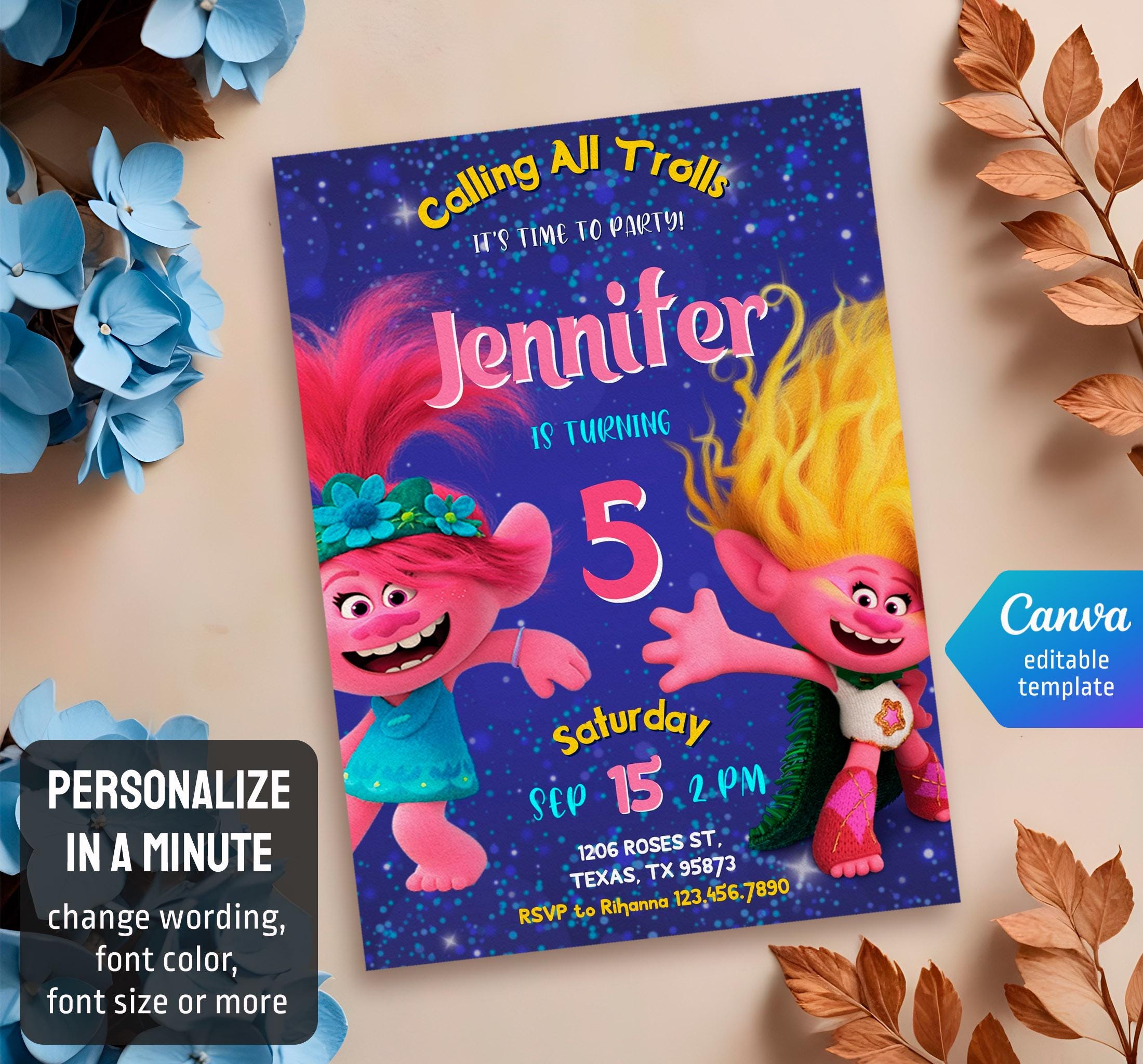 Editable Trolls Invite, Printable Birthday Invitation, Girl Birthday ...