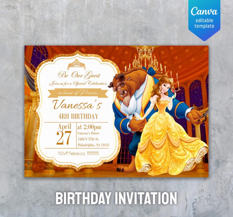 Princess Belle Birthday Invitation, Girl Editable Invite Template ...