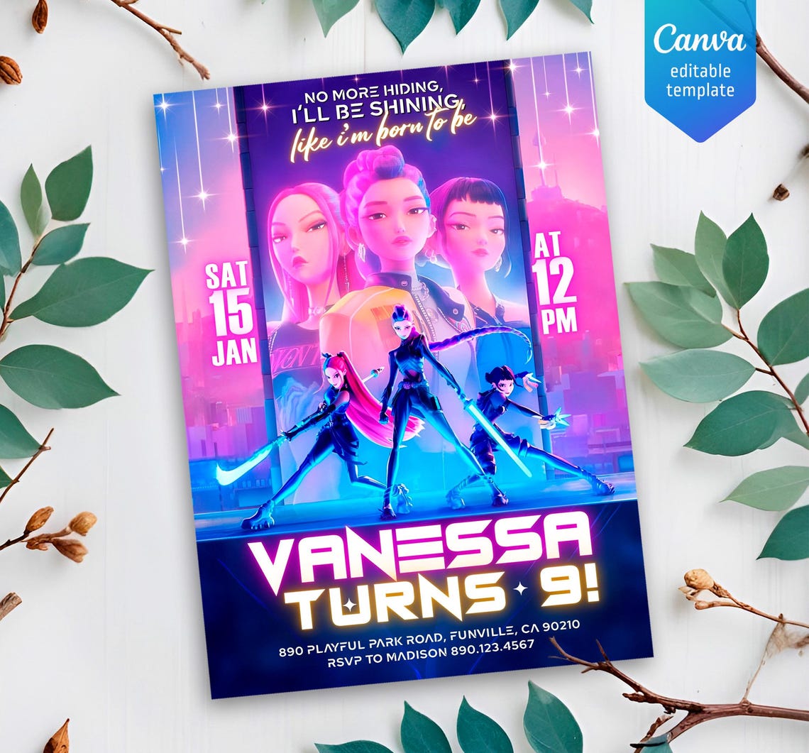 Kpop Demon Hunters Birthday Invitation, Editable K-pop Party Invite ...