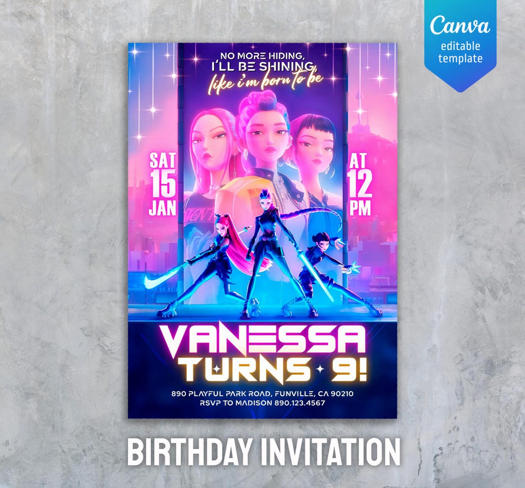 Kpop Demon Hunters Birthday Invitation, Editable K-pop Party Invite, BTS Themed Digital Card ...