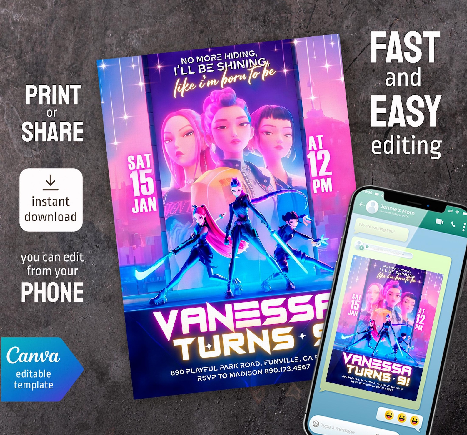 Kpop Demon Hunters Birthday Invitation, Editable K-pop Party Invite ...